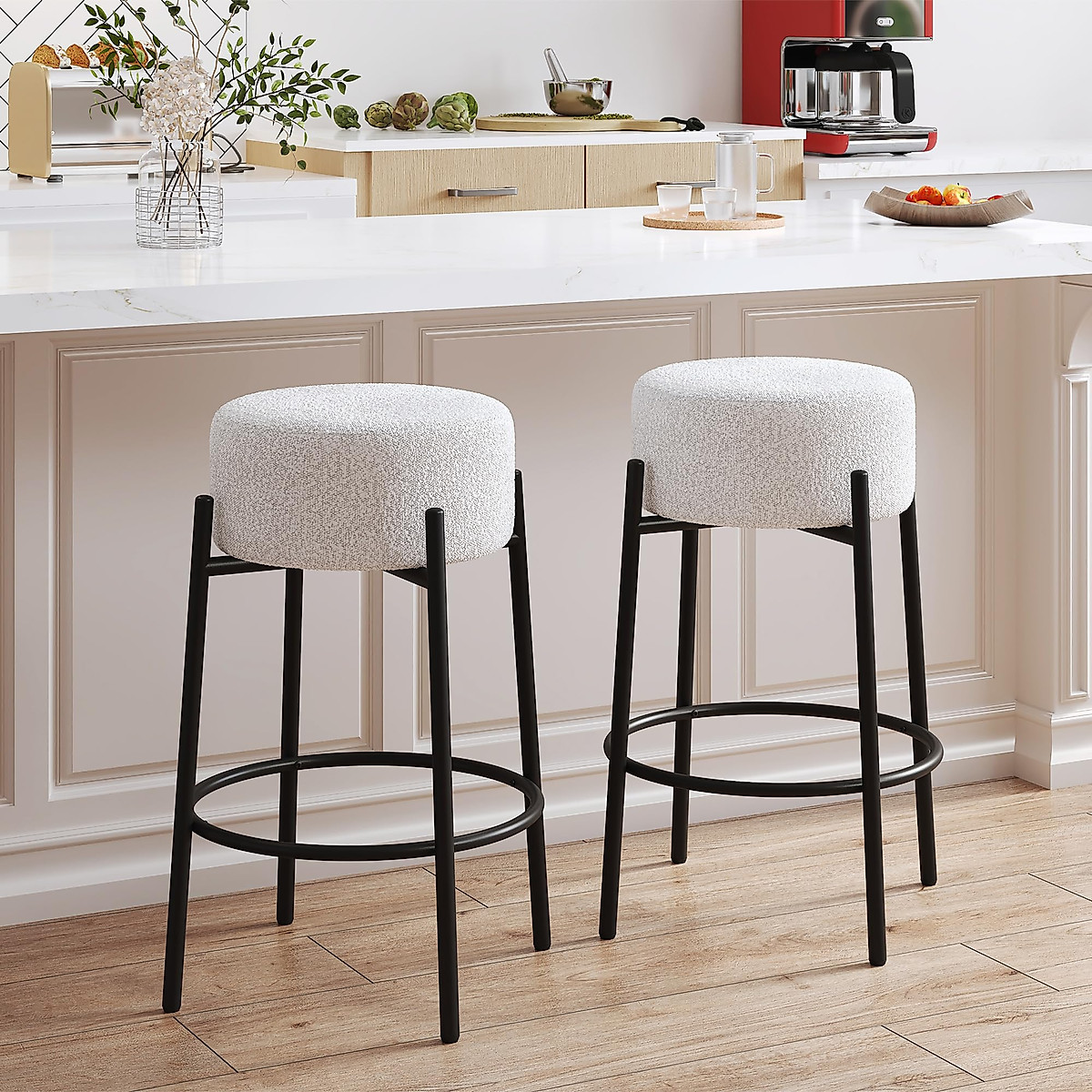 Flouki Swivel Bar Stools Counter Height, Modern Backless Stools for Kitchen Counter, Boucle Fabric Island Chairs with 6.7'' Thick Cushion and Metal Base, 26 inches H, Set of 2, White