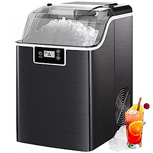 Kndko Nugget Ice Maker with Chewy Ice,High Ice-Making of 45lbs/Day/14,000pcs, Self-Cleaning,24-Hour Timer for Home Kitchen Bar Party,Bright Black Stainless Steel
