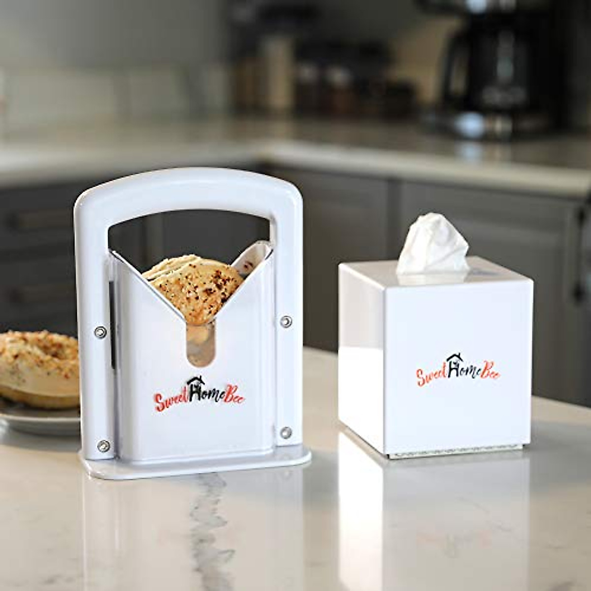 Sweet Home Bee Bagel Slicer, Stainless Steel Kitchen Guillotine Cutter with Safe Grip and Safety Shield for Bagels, Breads, Muffins, Buns, Rolls - Fast, Easy And Safe, White