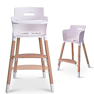 Baby High Chair, Wooden High Chairs for Babies & Toddlers, Highchair with Adjustable Footrest, Removable Tray, Ergonomic Seat Back, Easy to Assemble & Clean, 6 Months to 10 Years Old, White