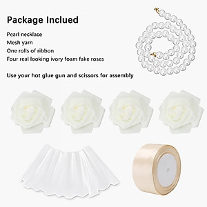 Wedding Broom for Jumping Ceremony, Decorative Jump Broom DIY White Tulle Accents with Ribbons Artificial Pearl Roses