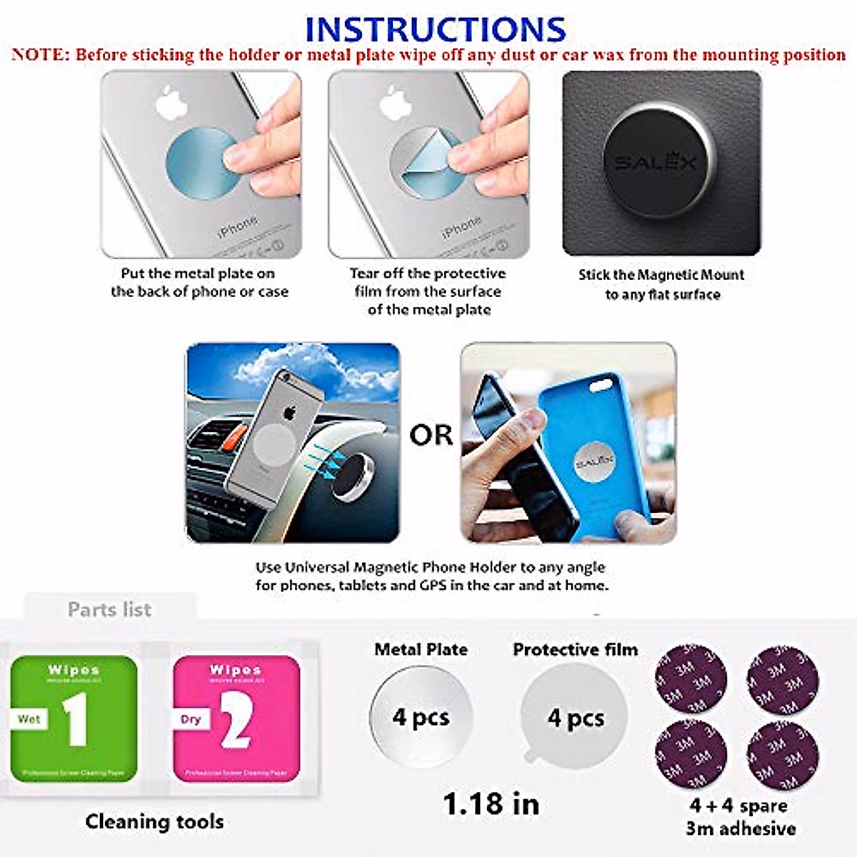 SALEX Magnetic Phone Mount 4 Pack. Black Flat Cell Phone Holder for Car Dashboard, Wall, Truck. Universal Stick on iPad Wall Magnet Mount Kit for Tablets, Smartphones. Magnetic Car Mount for iPhone