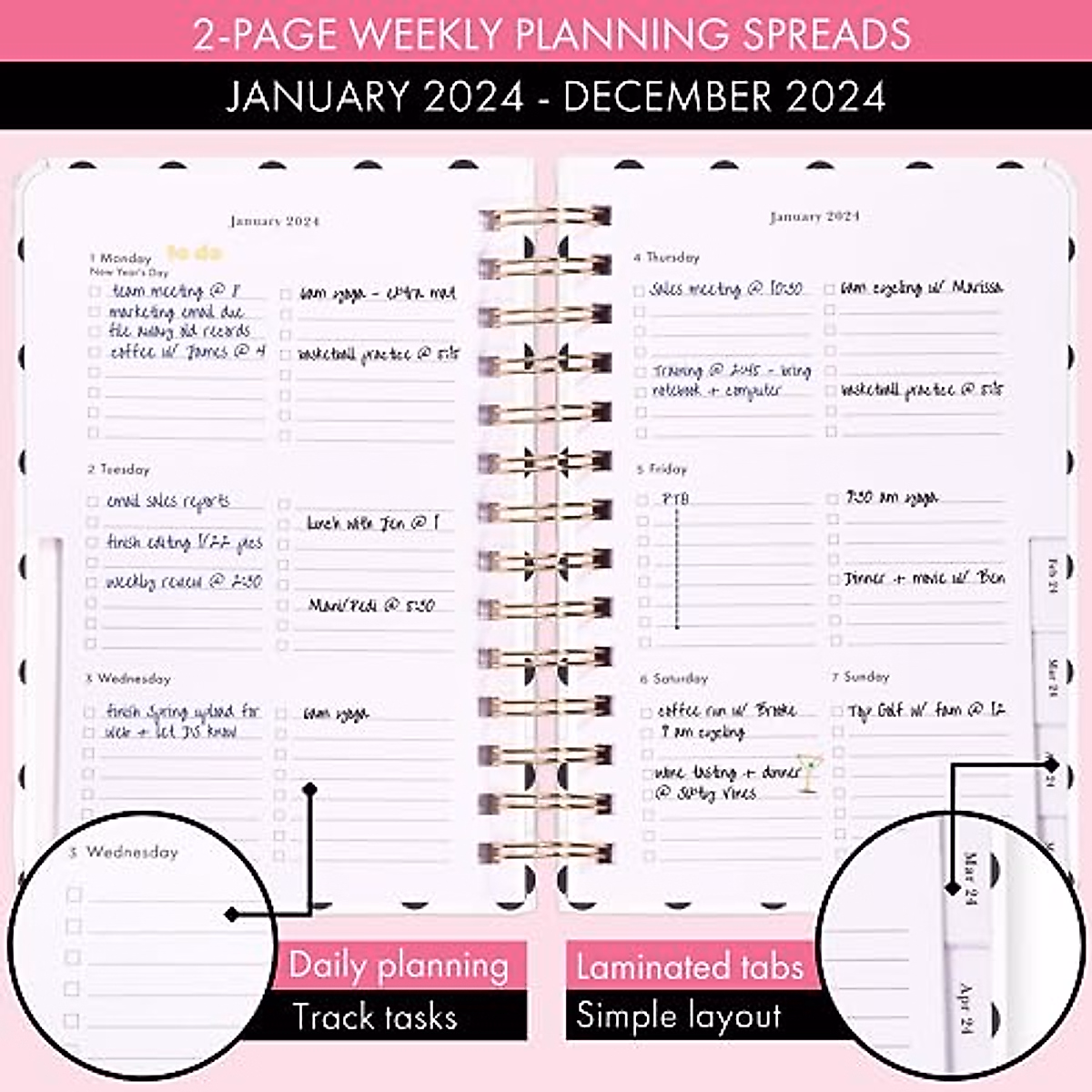 Kate Spade New York 2024 Planner Weekly and Monthly, Medium Planner January 2024 - December 2024, Hardcover Spiral Planner, Daily Planner with Monthly Calendar, Stickers, & Pockets, Spade Dot