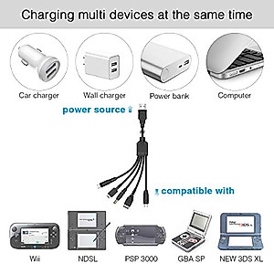 5 in 1 USB Charger Cable for Nintendo DS Lite/ Wii U/ New 3DS (XL/LL), 3DS (XL/LL), 2DS, DSi (XL/LL) ,NDS/Gameboy Advance SP, PSP 1000 2000 3000, Multi-Functional USB Charging Cord with Cable Tie