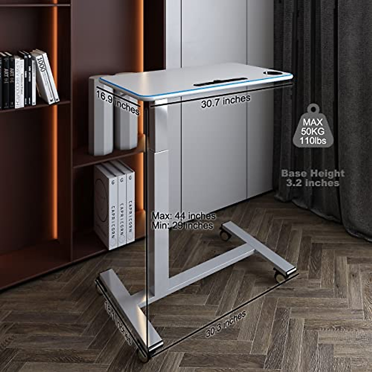 HITACTS Upgrade Multifunctional Height Adjustable Overbed Table with iPad Slot, Cup Holder, Lockable Wheels, Adjustable Overbed Bedside Table, Mobile Standing Desk Laptop Desk, Height 29"-44"