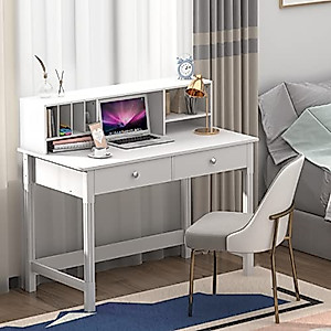 WiberWi Computer Desk with Drawers and Hutch, 43.3 inch White Home Office Desks Small Makeup Vanity Desk Table with Storage for Small Spaces Bedroom, Writing Desk Study Table