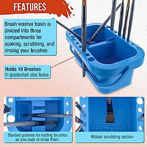 U.S. Art Supply 16 Hole Multi-Function Paint Brush Washer, Cleaner and Holder, 18 Palette Wells, Lid Plastic - Clean, Dry, Rest, Store, Hold Artist Brushes - Cleaning Acrylic, Watercolor, Oil Painting