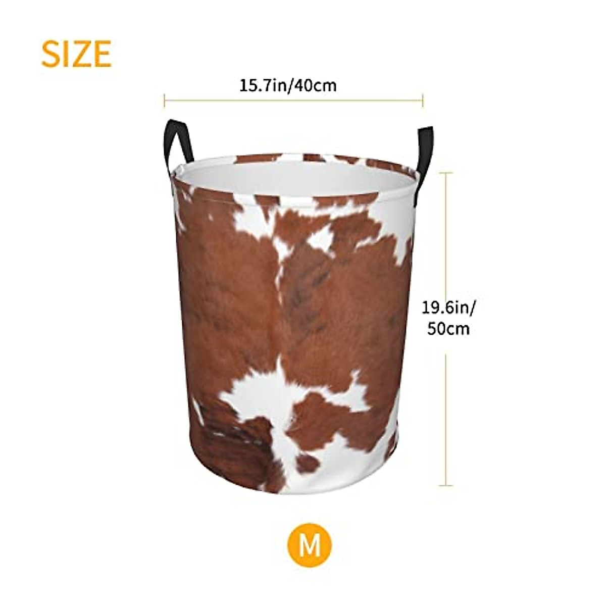 Western Cow Print Laundry Hamper - Brown Cowhide Basket with Handles Animal Skin Pattern Washing Bucket Foldable Dirty Clothes Toys Storage Bag Organizer for Girls Women Bedroom Bathroom Dorm