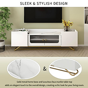 Bellemave Modern TV Stand for 65 Inch TV High Gloss Marble TV Stands for Living Room Large Entertainment Center with Storage Long Media Console with Fluted Glass, White