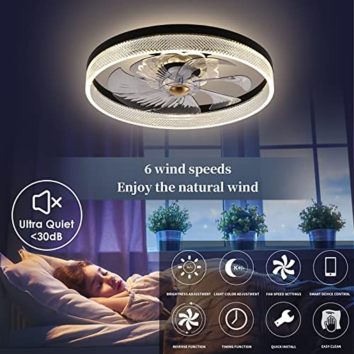 Fszdorj 2023 Upgraded Ceiling Fan F093 Black Ceiling Fans with Lights App & Remote Control, Timing & 3 Led Color Led Ceiling Fan, 6 Wind Speeds Modern Ceiling Fan for Bedroom, Living Room, Small Room
