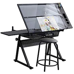 Waful Height Adjustable Drafting Tables, Glass Drawing Art Table, Art Artists Desk, Tilting Tabletop Paintings Work Station Artist Table -2 Storage Drawer for Reading, Writing Art Craft Work Station