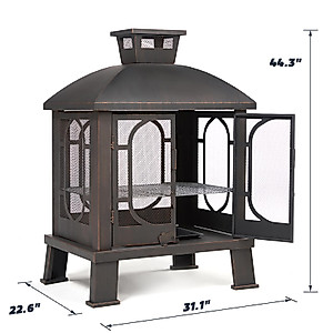PAPABABE 45" Fire Pit Pagoda, Wood Burning Chimney Firepit with Grill Grate Outside for Garden Backyard BBQ Bonfire