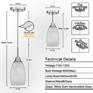 Mini Glass Pendant Light,1-Light with Handblown White Swirl Art Glass Adjustable Cord Brushed Nickel Finish Modern Hanging Pendant Light for Kitchen,Dining Room,Living