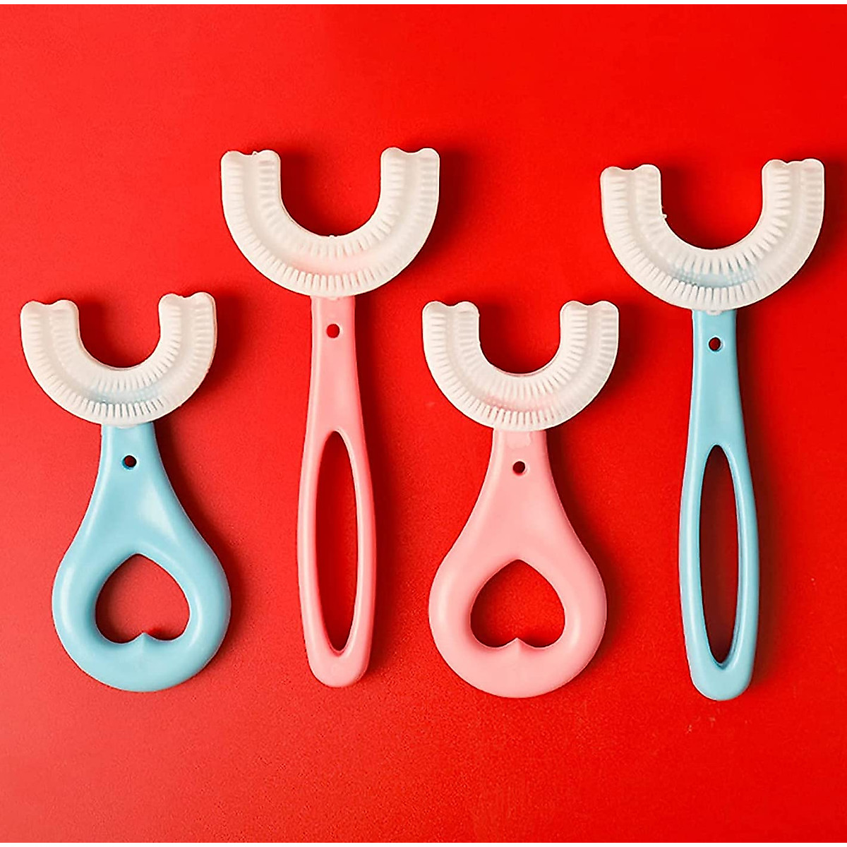 Pritbon 4pcs Kids U Shaped Toothbrush with Silicone,U-Type Toothbrush with Handle 360° Thorough Cleansing for Toddlers and Kids(2-8 Years Old), Blue, 4 Piece Set