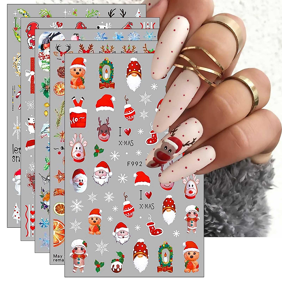 JMEOWIO 10 Sheets Christmas Nail Art Stickers Decals Self-Adhesive Pegatinas Uñas Snowflake Xmas Winter Holiday Cute Nail Supplies Nail Art Design Decoration Accessories