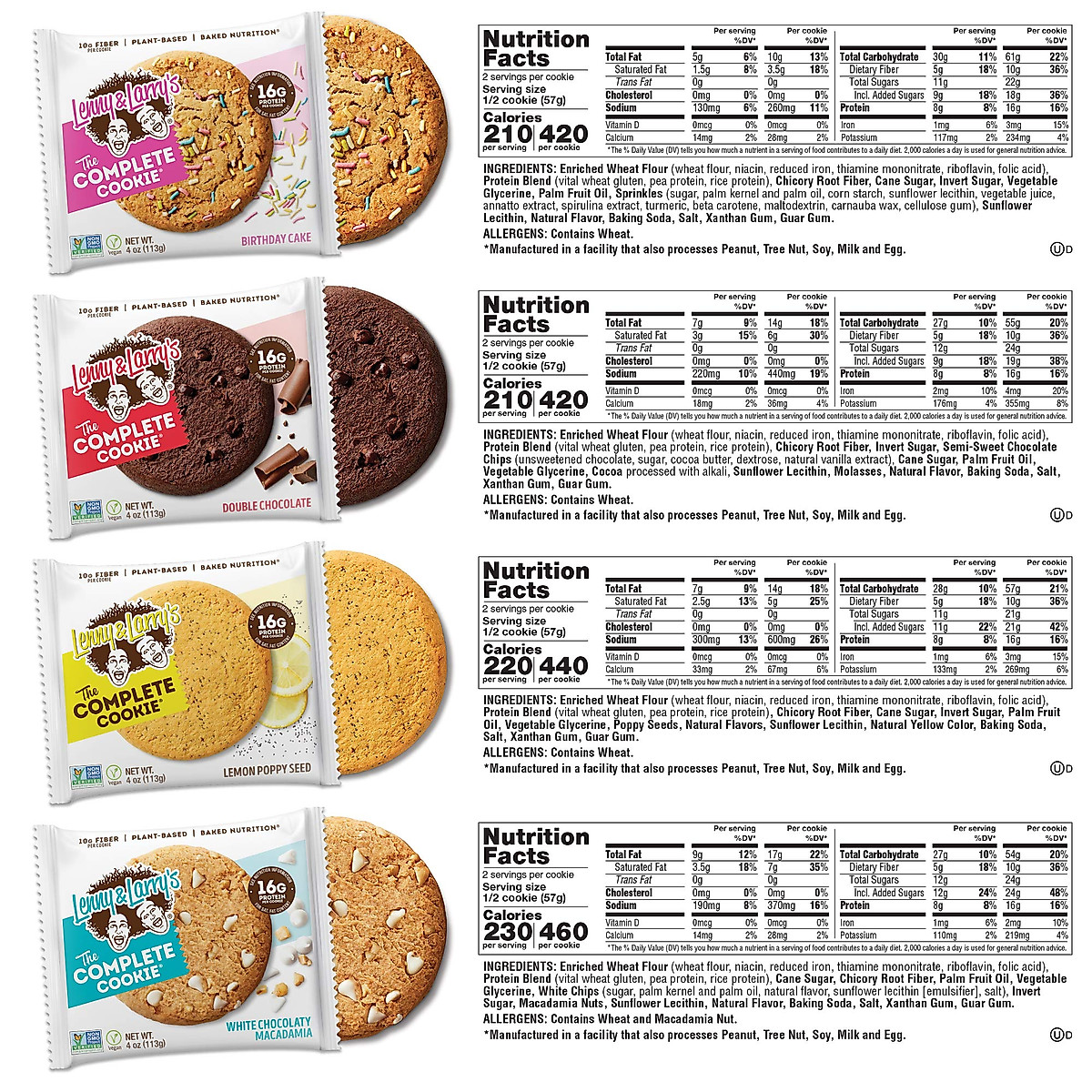 Lenny & Larry's The Complete Cookie, 8 Flavor Variety Pack, Soft Baked, 16g Plant Protein, Vegan, Non-GMO, 4 Ounce (Pack of 16)