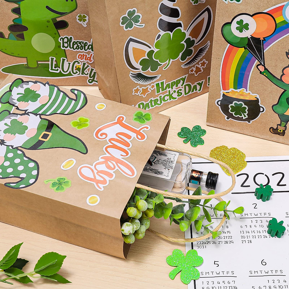 Whaline St Patrick's Day Kraft Paper Gift Bags Party Bag with Handles 24 Sheet DIY Stickers Shamrock Green Unicorn Gnome Goody Bags Irish Birthday Party Supplies Gift Wrap, 6 x 3 x 8.3inch