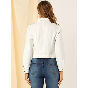 Allegra K Women Biker Notched Lapel Asymmetric Zip Moto Denim Jackets Small White