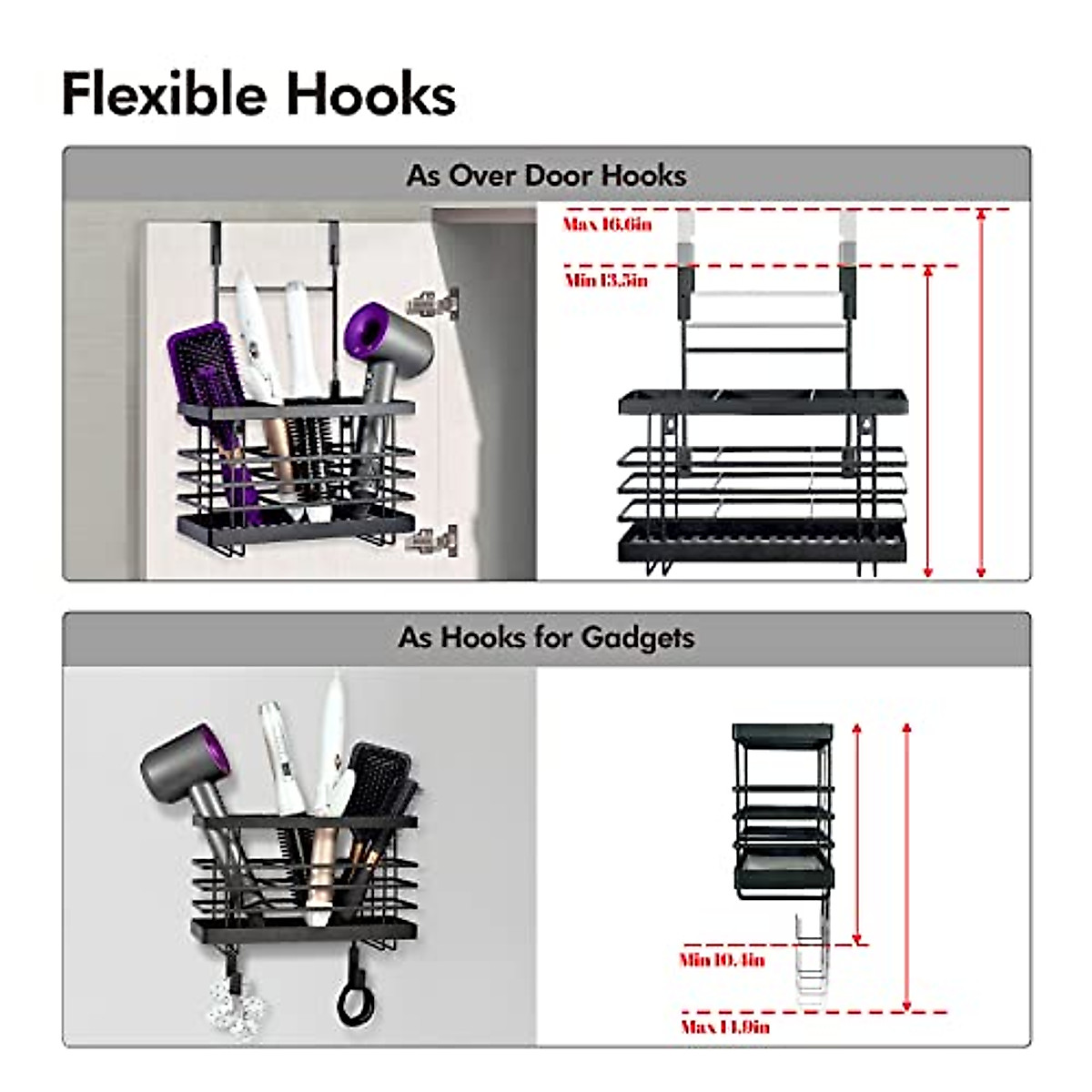 Sunlit 3 in 1 Wall Mount/Countertop/Over Cabinet Door Metal Wire Hair Product & Styling Tool Organizer Storage Basket Holder for Hair Dryer, Brushes, Flat Iron, Curling Wand, Hair Straightener Black