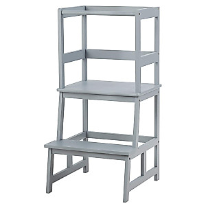 Costzon Kids Kitchen Step Stool with Safety Rail, Toddler Kitchen Stool w/Solid Bamboo Construction, Child Stand Helper for Kitchen Bathroom Living Room, Perfect for Toddler from 18-36 Months (Grey)
