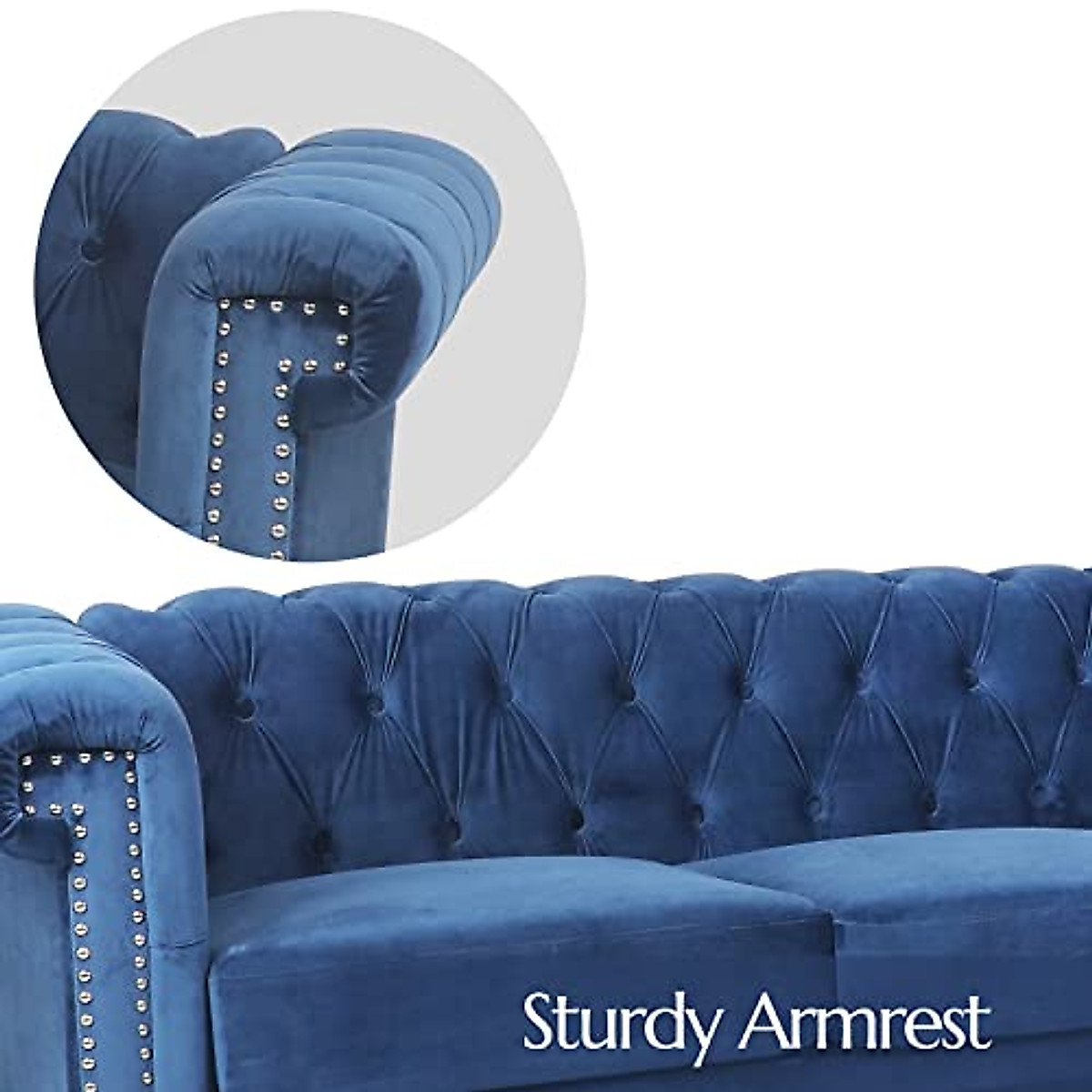 Vaztrlus Chesterfield Velvet Sofas for Living Room, Traditional Square Arm 3-Seater Sofa 82.5" Couch Deep Button Nailhead Tufted Blue Upholstered Couches Removable Cushion Easy to Assemble