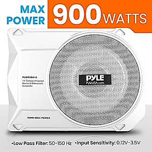 PyleUsa 10-Inch Low-Profile Amplified Subwoofer System - 900 Watt Compact Enclosed Active Marine Underseat Car Subwoofer with Built in Amp, Powered Car Subwoofer w/Low & High Level Inputs - PLMRSBA10