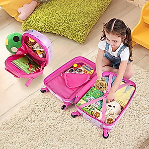 HONEY JOY Kids Luggage, 12" Toddler Backpack & 16" Travel Suitcase with Wheels, Lightweight Toddler Girls Suitcase, Durable ABS Hardshell, 2Pcs Carry On Luggage Set for Boys Girls(Pink Horse)