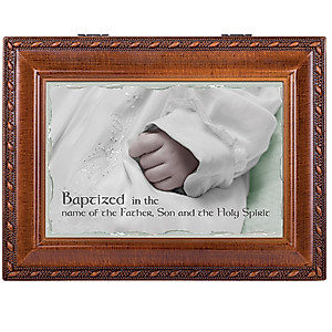 Cottage Garden Baptized Father Son Holy Spirit Woodgrain Rope Trim Jewelry Music Box Plays Jesus Loves Me