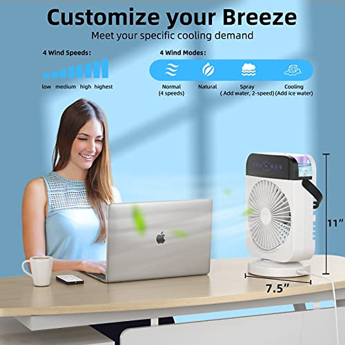 Portable Air Conditioner, Mini Personal Evaporative Air Cooler With 4 Speeds, Oscillation/Humidifier/Timing Function, Small Desktop Cooling Fan With Led Light& Remote Control For Room Office Camping