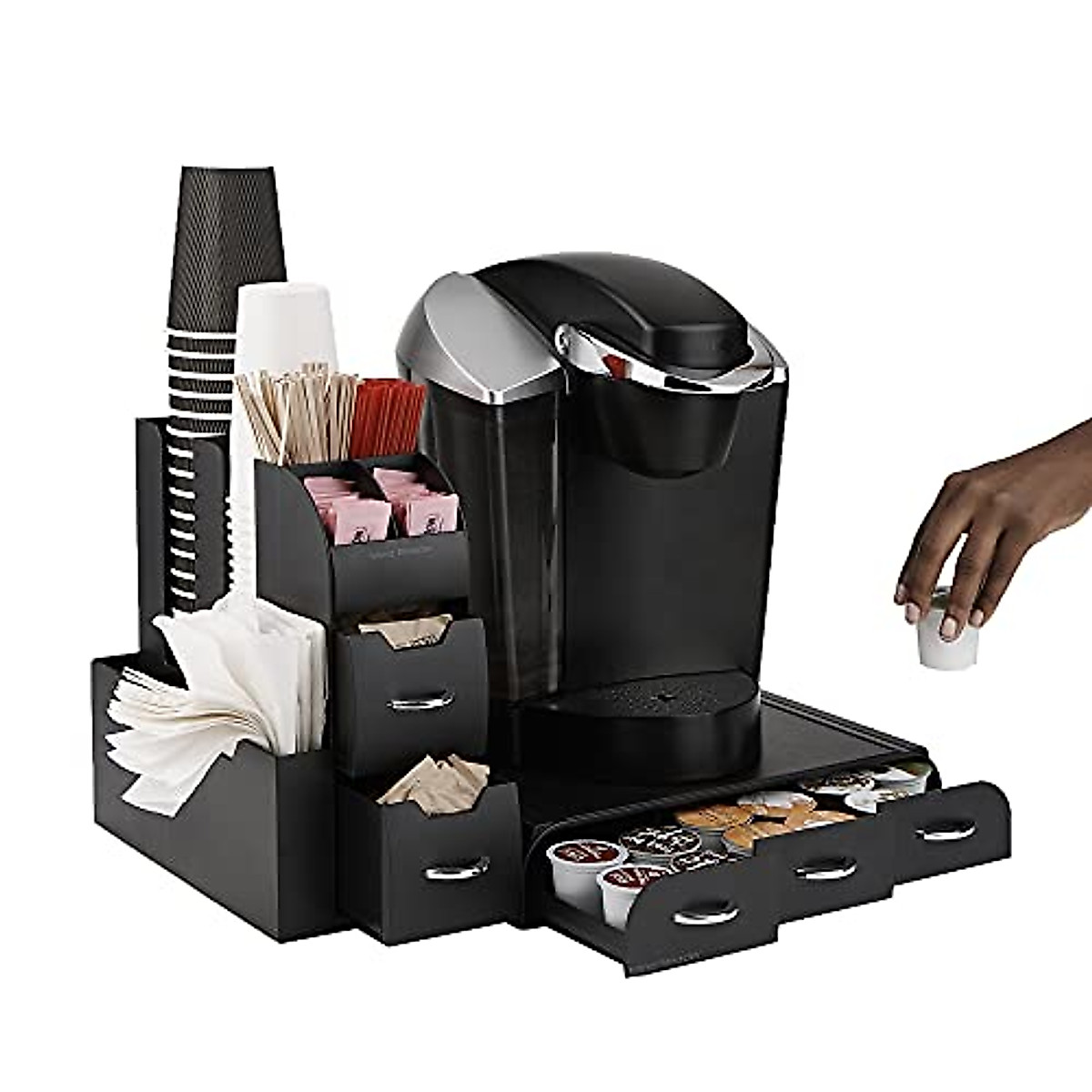 Mind Reader Anchor Collection, 3-Drawer Single Serve Coffee Pod Drawer, 36 Coffee Pod Capacity, Coffee Machine Base and 10-Compartment Cup and Condiment Countertop Organizer Set, Black