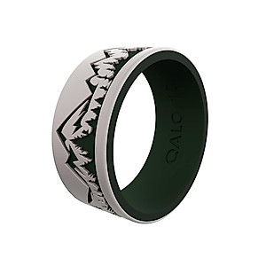 QALO Men's Rubber Silicone Ring, Frost & Forest Ridgeline Strata, Silicone Rubber Wedding Band, Breathable, Durable Wedding Ring for Men, 9mm Wide 1.85mm Thick, Grey & Forest Green, Size 10