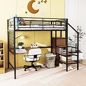 EMKK Full Size Metal Loft Bed with Desk and Metal Grid, Stylish Metal Frame Bed with Lateral Storage Ladder and Wardrobe,Loft Bed for Kids, Teens - Creative Haven for Study and Sleep