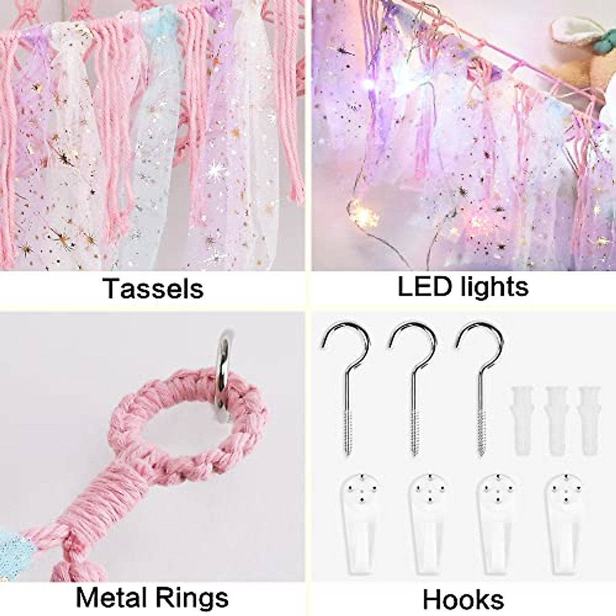 Stuffed Animal Net or Hammock with LED Light, Toy Hammock Hanging Stuffed Animal Storage Organizer Holder Room Décor with Tassels for Nursery Play Room Kids Bedroom (Pink)