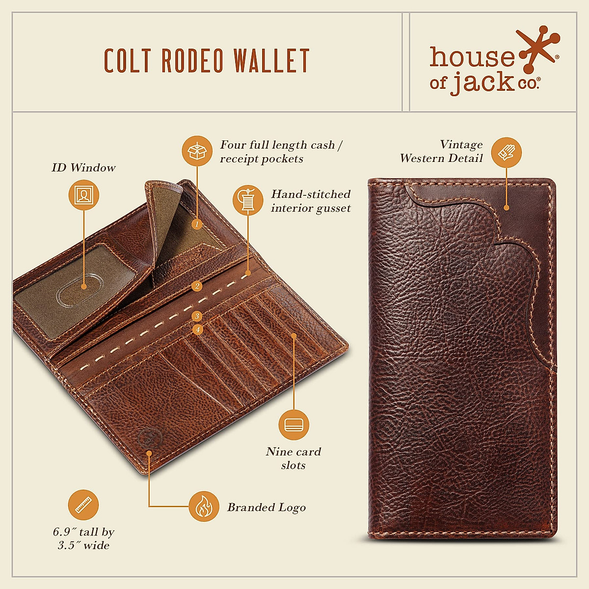 House of Jack Co. COLT Long Bifold Wallet | Rodeo Wallet | Full Grain Cowhide Leather | Long Bifold Men's Wallet | Western Wallet