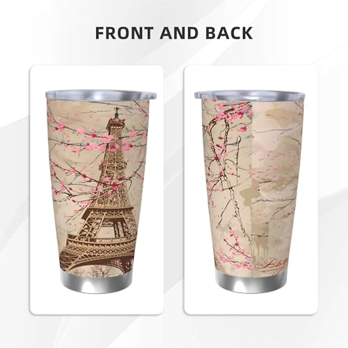 AYCZN Vintage Paris Flower 20 OZ Tumbler Stainless Steel Travel Coffee Mug, Eiffel Tower Insulated Water Bottle with Lid Leakproof Thermal Cup