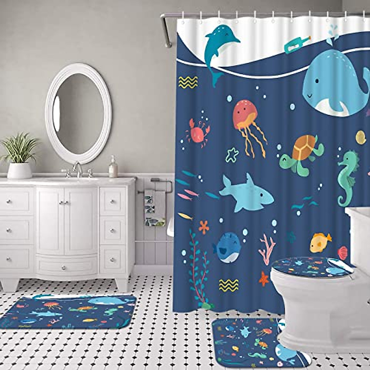 AtGoWac 4 Piece Blue Ocean Fish Shower Curtain Sets with Rugs, Lovely Cartoon Undersea World Shower Curtains, Kids Children Bathroom Decor Set