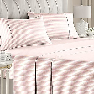 Striped Bed Sheets - Pin Stripe Sheets - Blush Pink Sheets - Pink & White Stripe Sheets - Queen Striped Sheets - Hotel Luxury Bed Sheets - Deep Pockets - Easy Fit - Breathable & Cooling Sheets