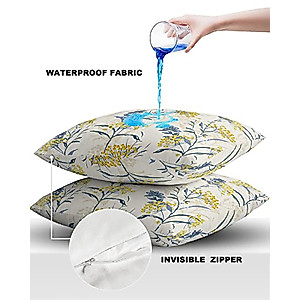 Outdoor Throw Pillow Cover Farmhouse Yellow Berry Blue Plant Waterproof Cushion Covers 2 Pack Boho Botanical on Beige Pillow Cases Home Decoration for Patio Garden Couch Sofa