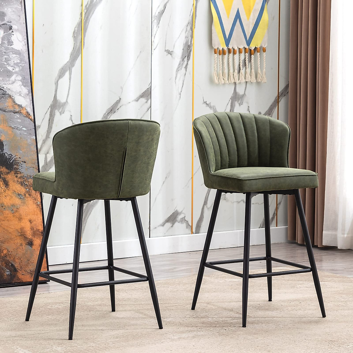 CIMOO Green Leather Bar Stools Set of 2 Mid Century Modern Counter Stools 26 Inch Counter Height Stool Chairs Upholstered Kitchen Island Chairs with Back, PU Faux Letaher