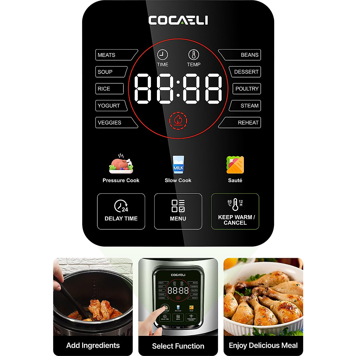 Cocaeli 13-in-1 Electric Pressure Cooker, Rice Cooker, Steamer, Sauté, Yogurt Maker, 10 Safety Features, Non-Stick Inner Pot, 6 Quart, Stainless Steel