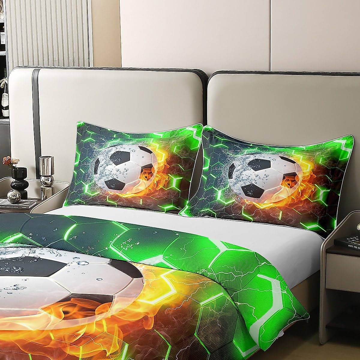 Erosebridal Kids Soccer 100% Cotton Duvet Cover Full Size,Football Bedding Set for Boys Room Decor,Green Gradient Hexagon Comforter Cover Soccer Gifts for Teen Girls,Geometric Honeycomb Bed Set