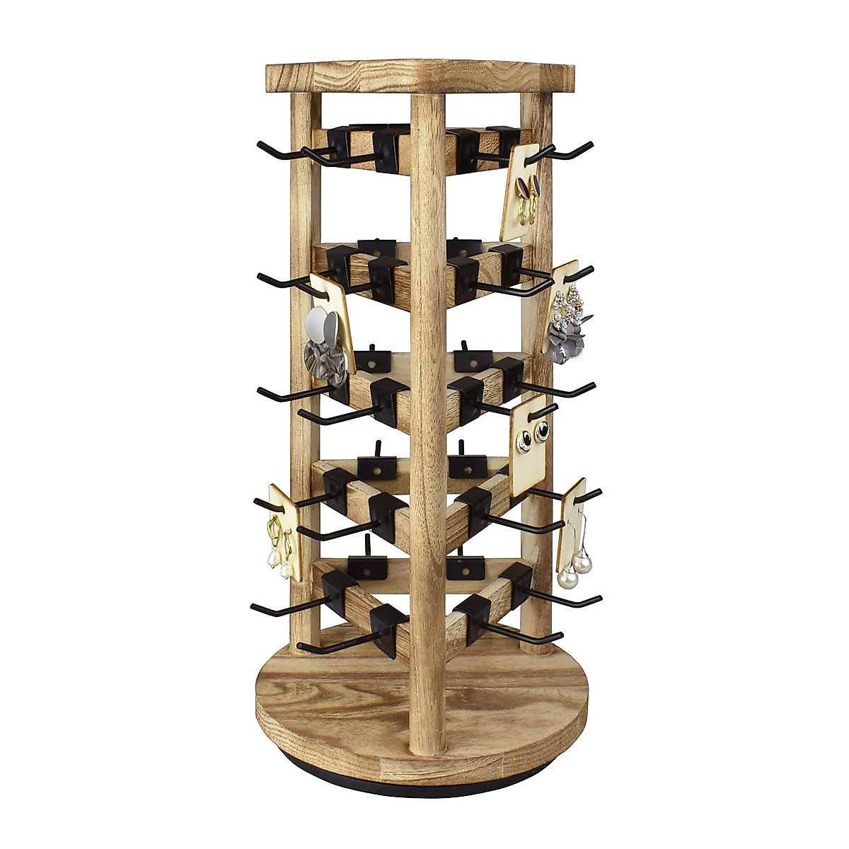 Ikee Design Wooden Rotating Jewelry Display Stand Tower With 30 Removable Hooks,Spinning Earring Card Storage Display Holder Stand for Store,Showcase,Tradeshow and Home,Oak Color