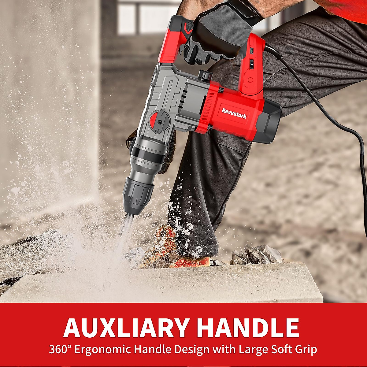 Rotary Hammer Drill, Revvstark 13 Amp 1-1/4 Inch SDS-Plus Heavy Duty Rotary Hammer Drill Powerful, Safety Clutch 4 Functions, Vibration Control Including Grease, Chisels, Drill Bits and Case