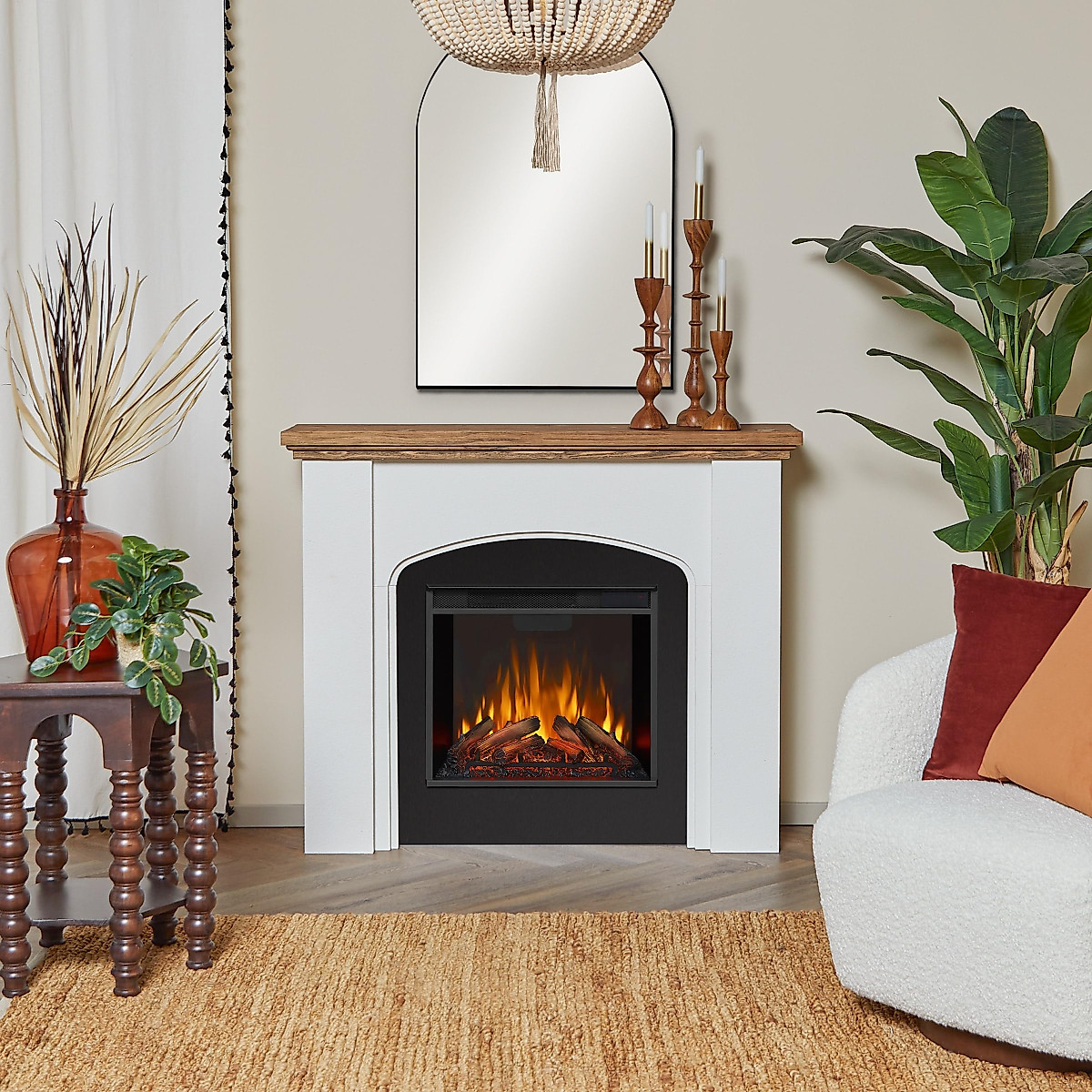 49" Electric Fireplace in White Stucco Beach Country MDF Solid Wood Adjustable Thermostat