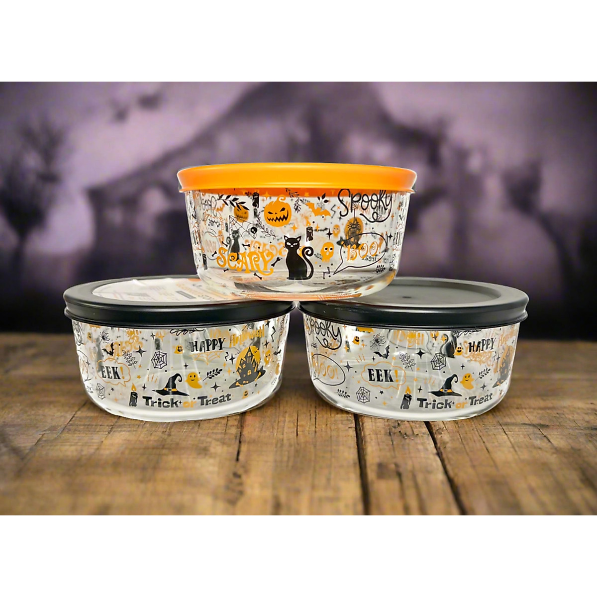 DURA LIVING Halloween Glass Food Storage Containers with Lids | Set of 6 (3 Containers + 3 Lids) 2-Cup | Spooky Design, BPA-Free, Microwave & Dishwasher Safe|Perfect for Meal Prep, Snacks & Leftovers