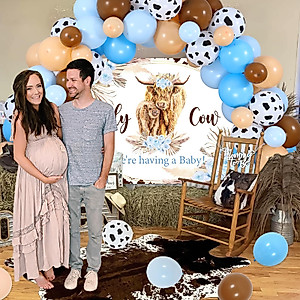 JOYMEMO Highland Cow Baby Shower Decorations for Boy - Blue Cow Balloon Garland Arch Kit with Holy Cow We are Having a Baby Backdrop, Boho Floral Highland Cattle Baby Shower Party Supplies