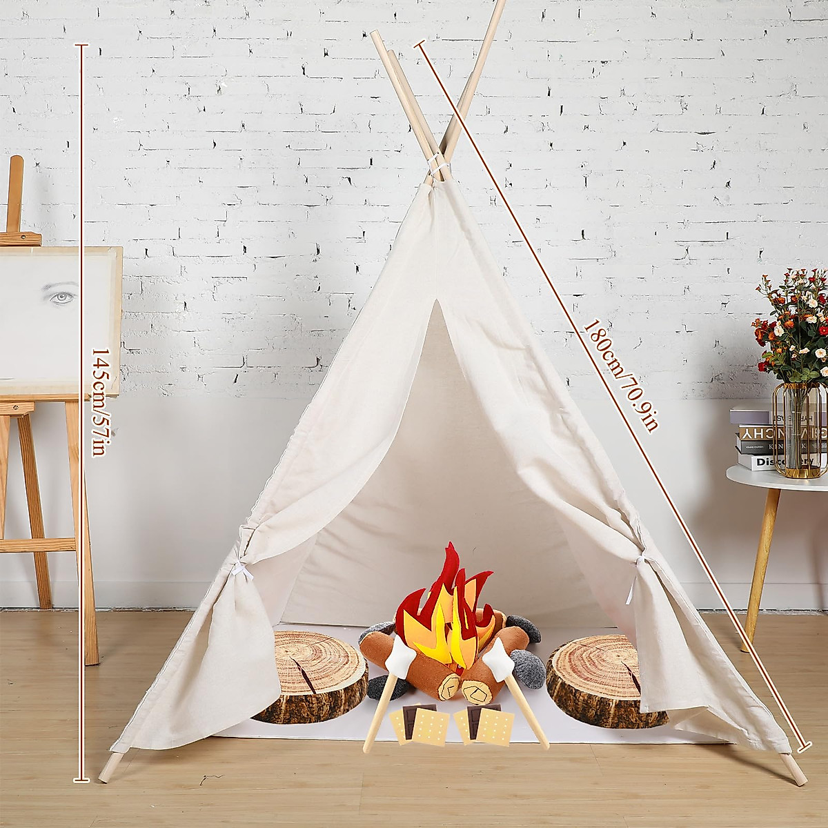 Kigley 24 Pcs Pretend Camping Play Set with Teepee Tent Fake Campfire Felt Toys Wood Style Throw Pillow Cushion for Boys Girls Adults Dramatic Play Home Decorations