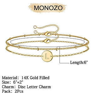MONOZO Gold Initial Bracelets for Women, Dainty 14K Gold Filled Layered Beaded L Letter Initial Bracelet Personalized Alphabet Disc Monogram Charm Bracelet Jewelry Gifts for Her