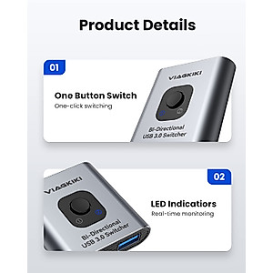 USB Switch 3.0 KVM Switch,Bi-Directional USB Switch Selector 2 in 1 Out/1 in 2 Out, Viagkiki USB Switcher 2 Computers Share 1 USB Devices for PCs Mouse Keyboard Printer Scanner (with 2 USB 3.0 Cables)