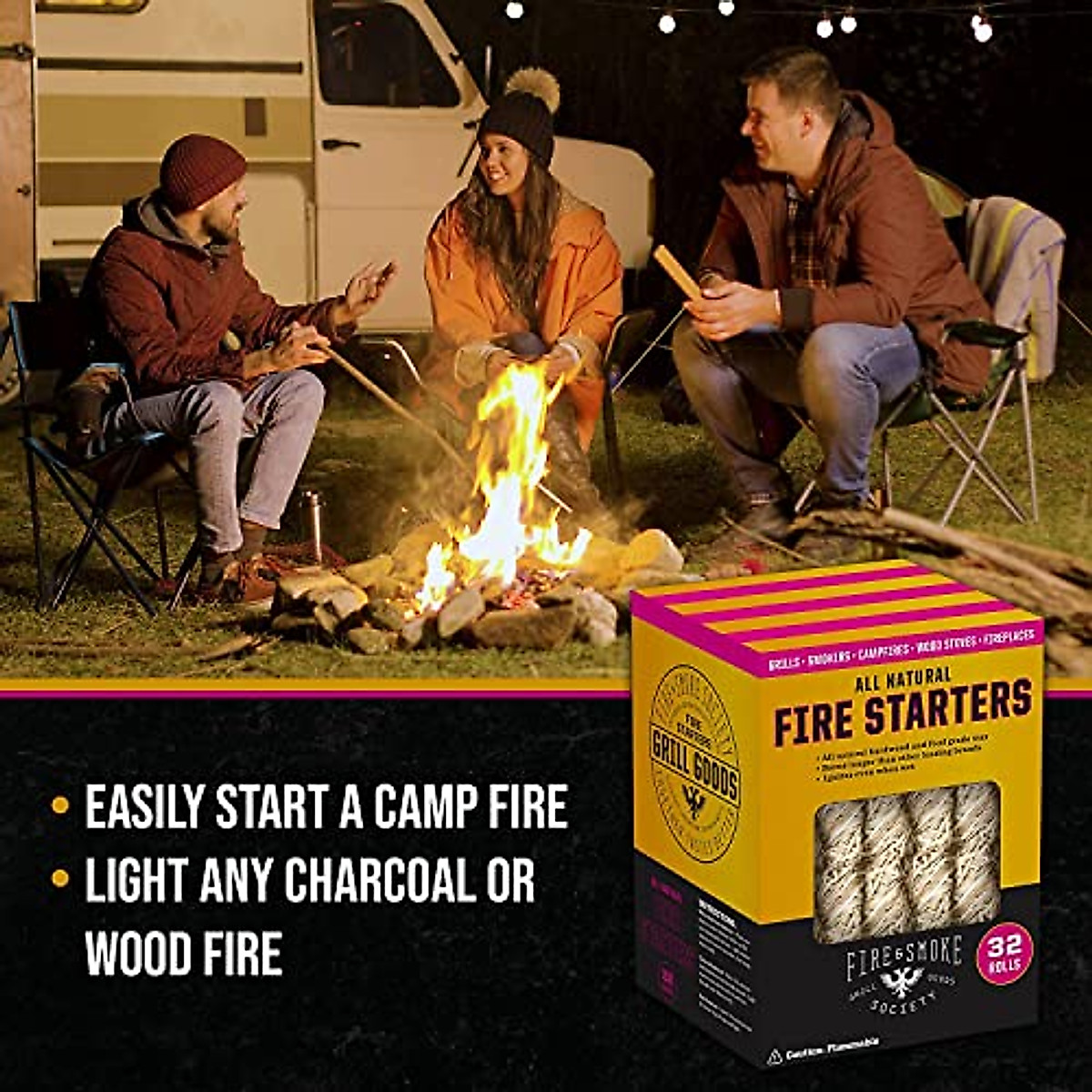 PK Grills Fire & Smoke Society Natural Starters for Grill Wood Burn Stove Fireplace Camping BBQ Outdoor Camp Pit Charcoal Chimney Pizza Oven Firestarters 2-Pack, 64 Count, PKUA-FSFS2 Multicolor
